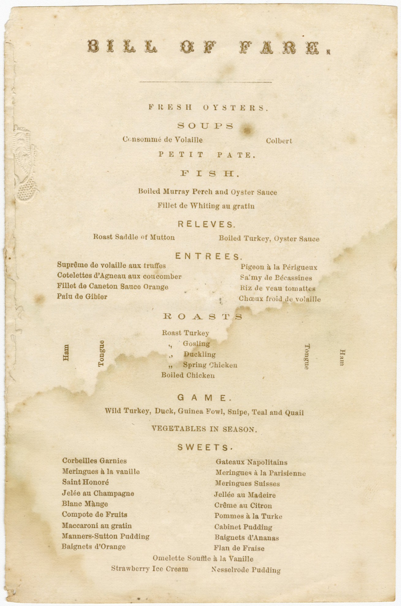 Bill of fare for a dinner for the Honorable James Martin and the ...