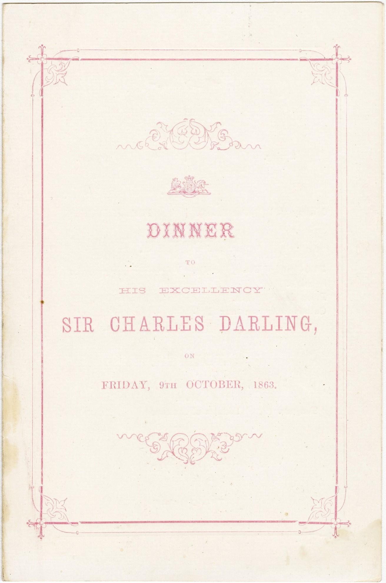 Menu for a dinner for Sir Charles Darling - City Collection