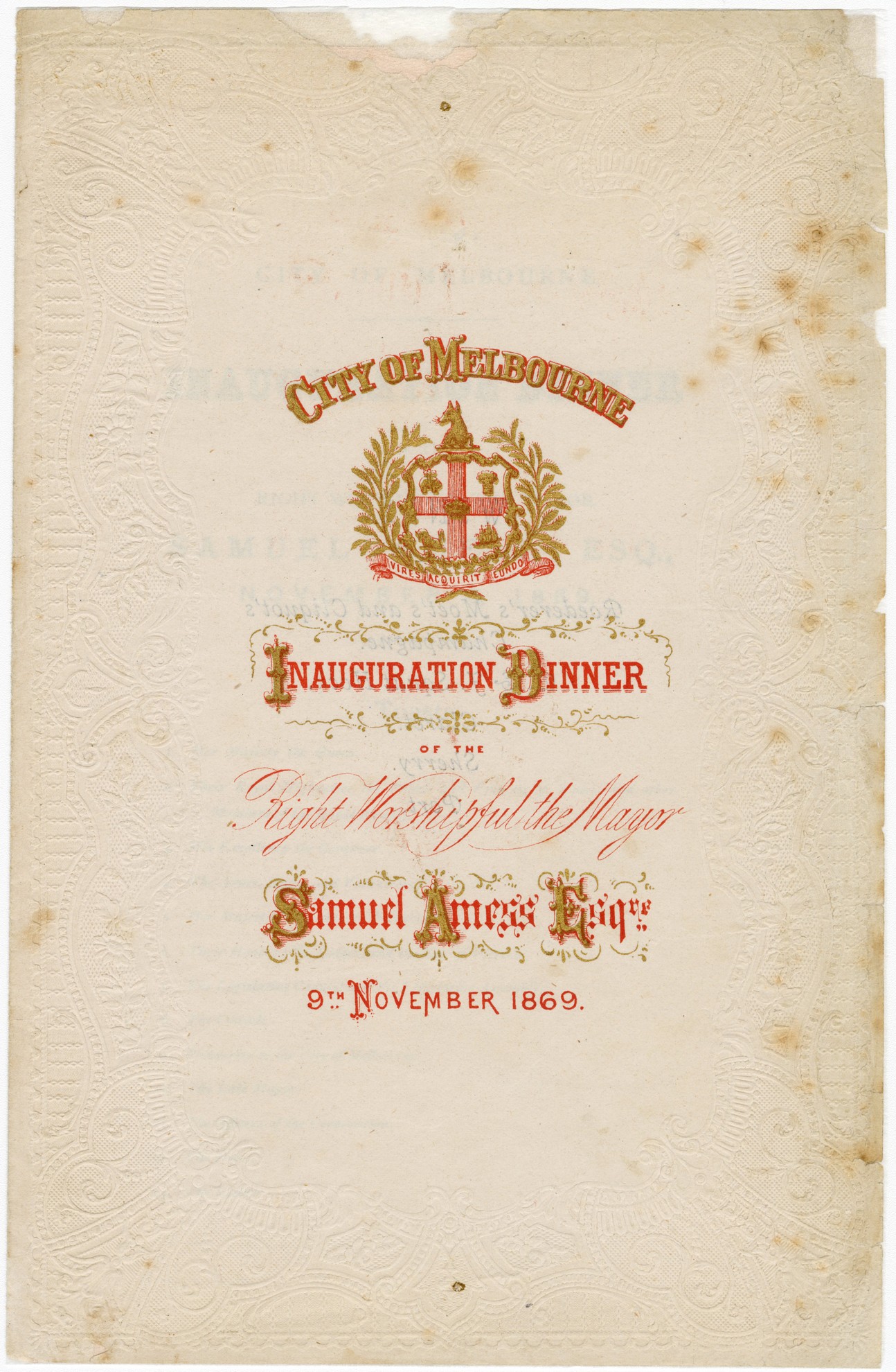 Menu for the inauguration dinner for Mayor Samuel Amess - City Collection