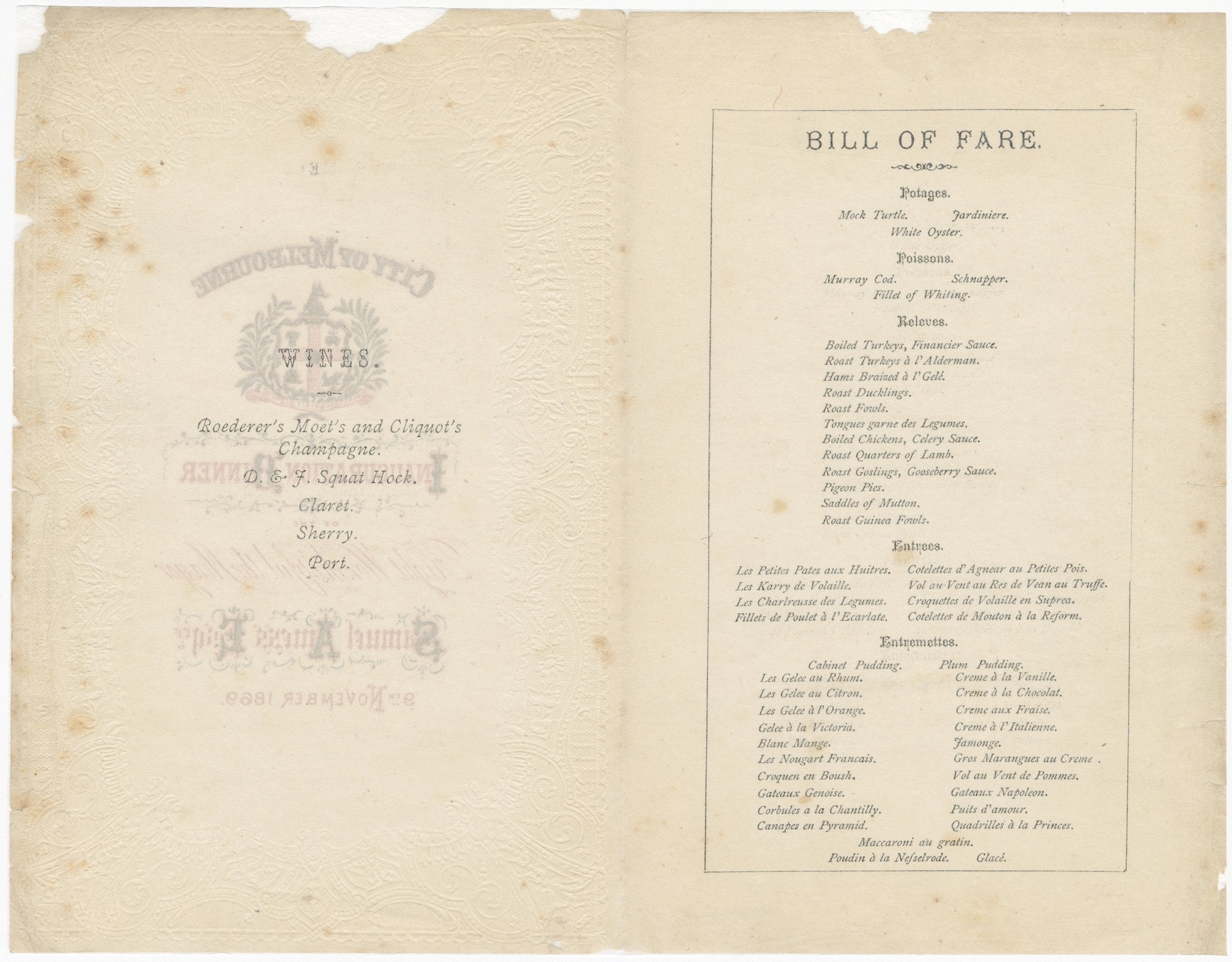 Menu for the inauguration dinner for Mayor Samuel Amess - City Collection