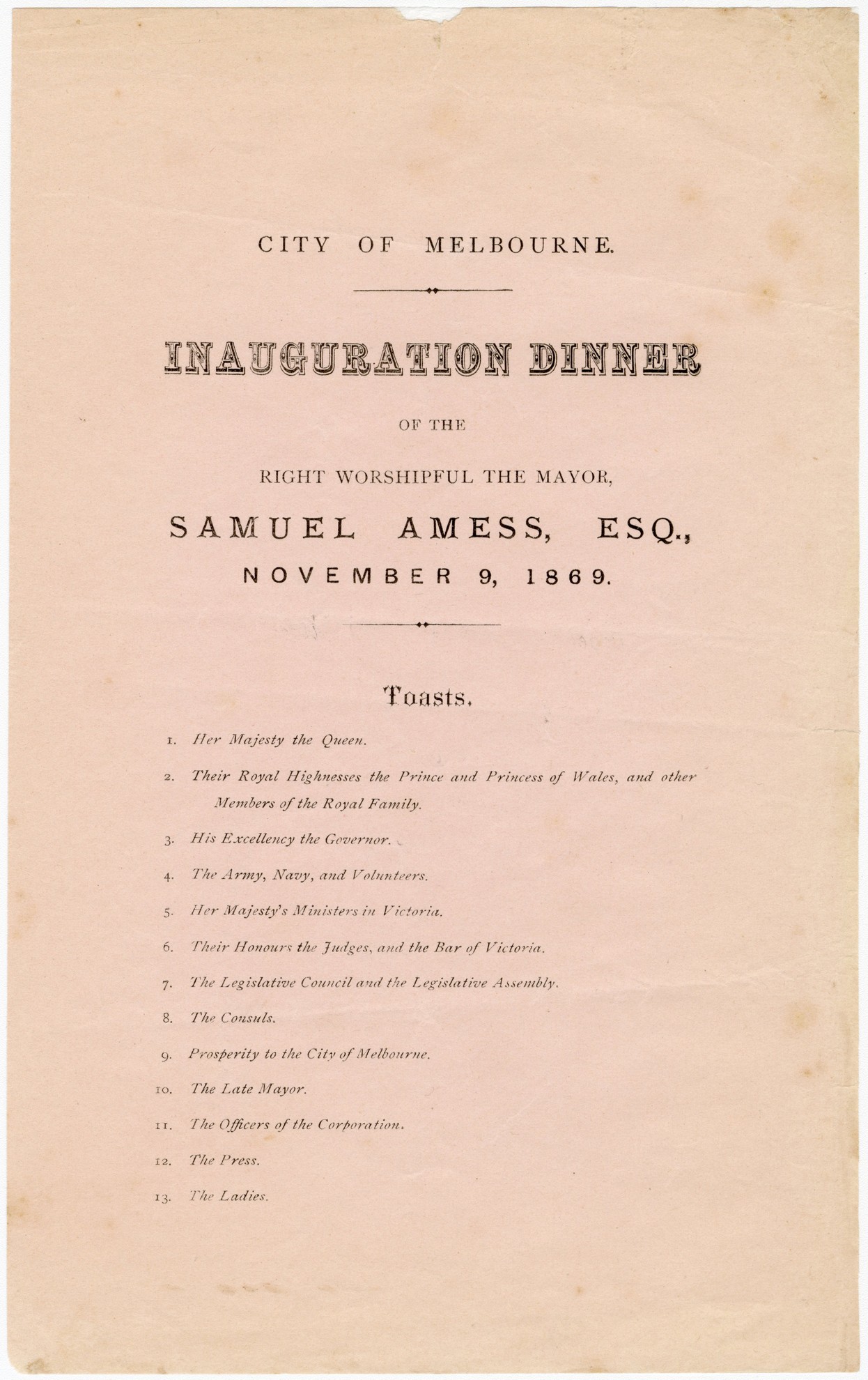 Menu for the inauguration dinner for Mayor Samuel Amess - City Collection