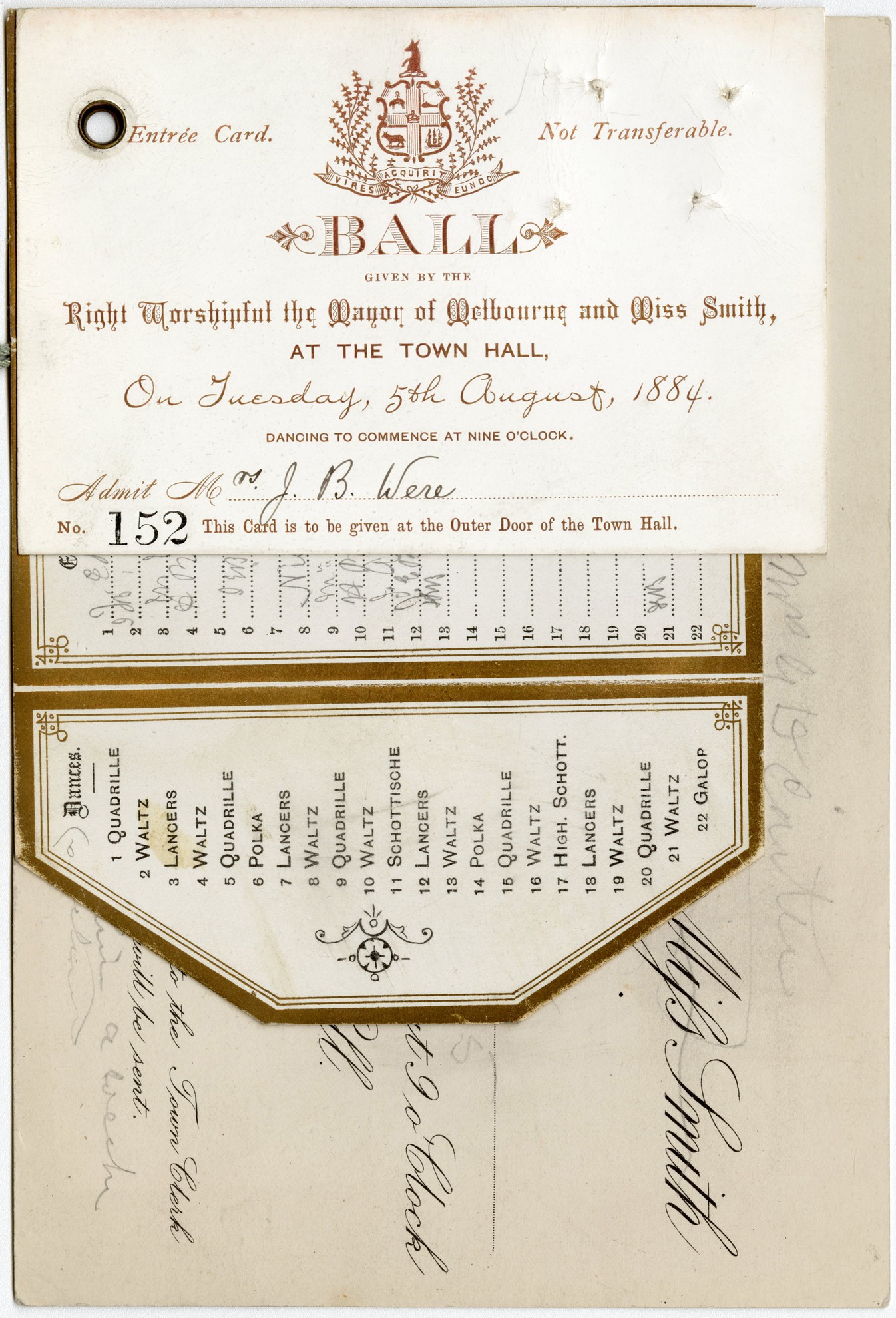 Entree card, dance card and invitation to a ball at Town Hall, given by ...