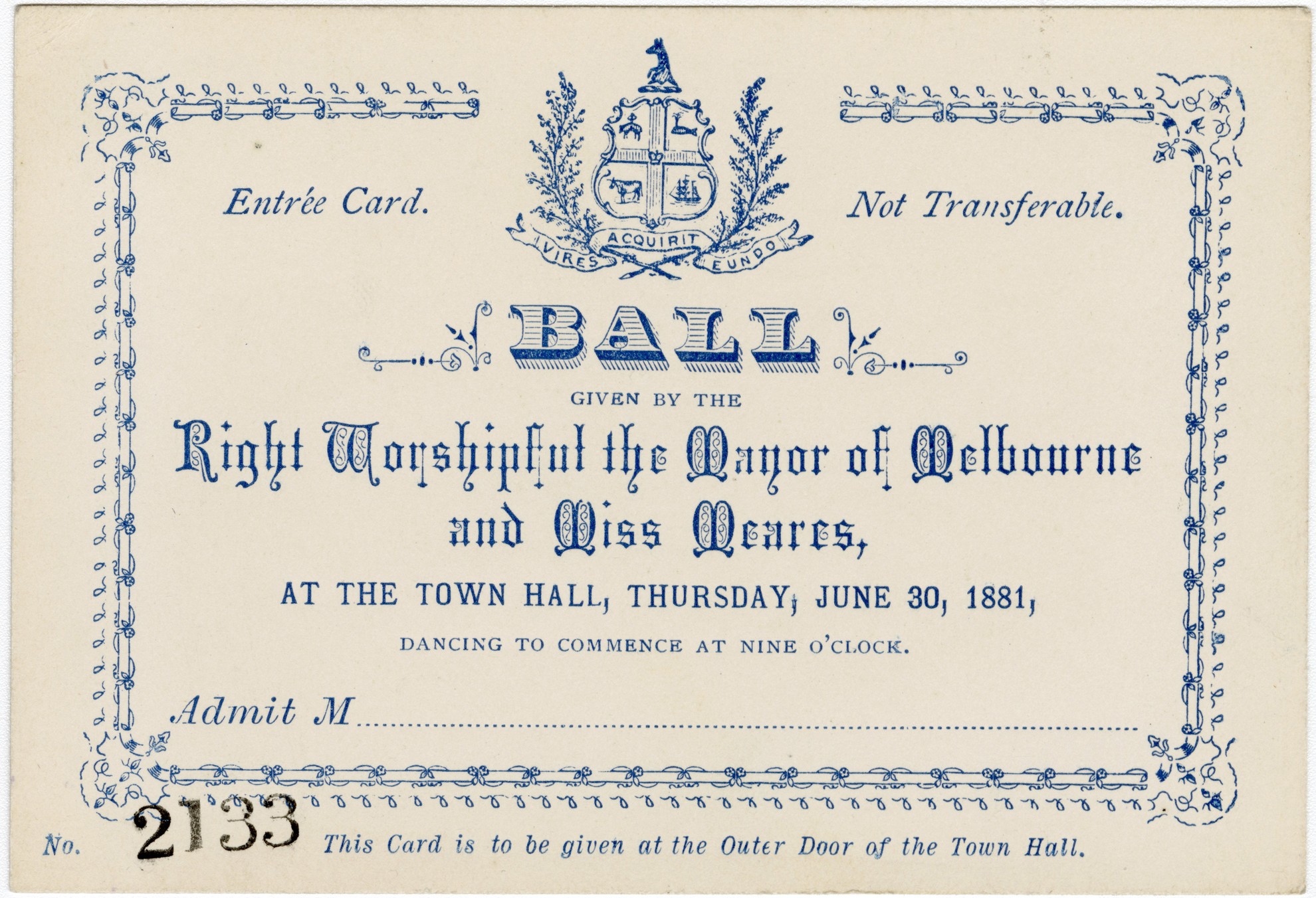 Entree card, Mayor's Ball - City Collection