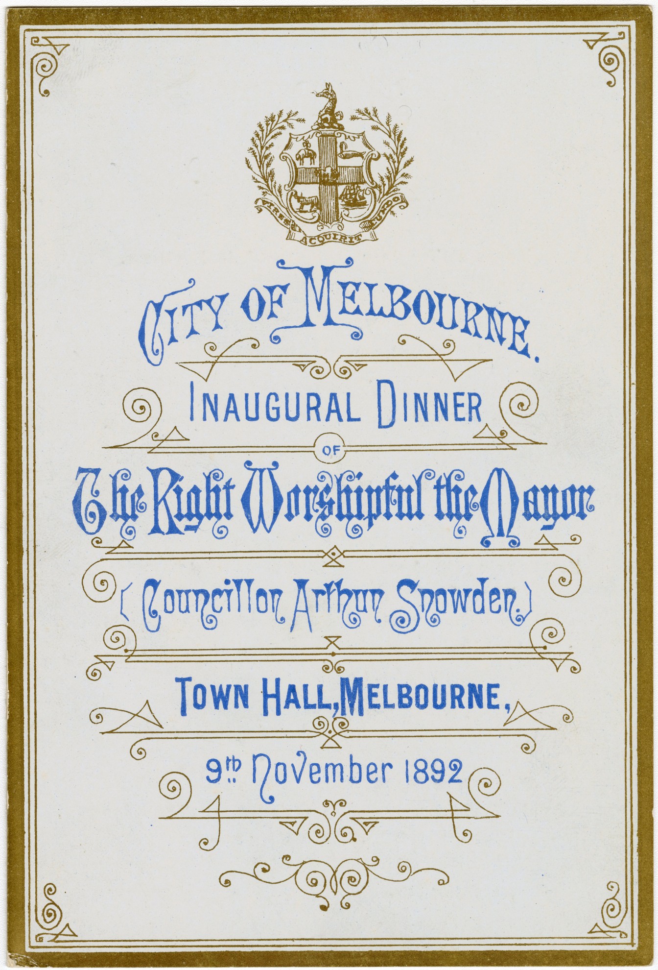 Menu for the inaugural dinner for Lord Mayor Arthur Snowden - City ...