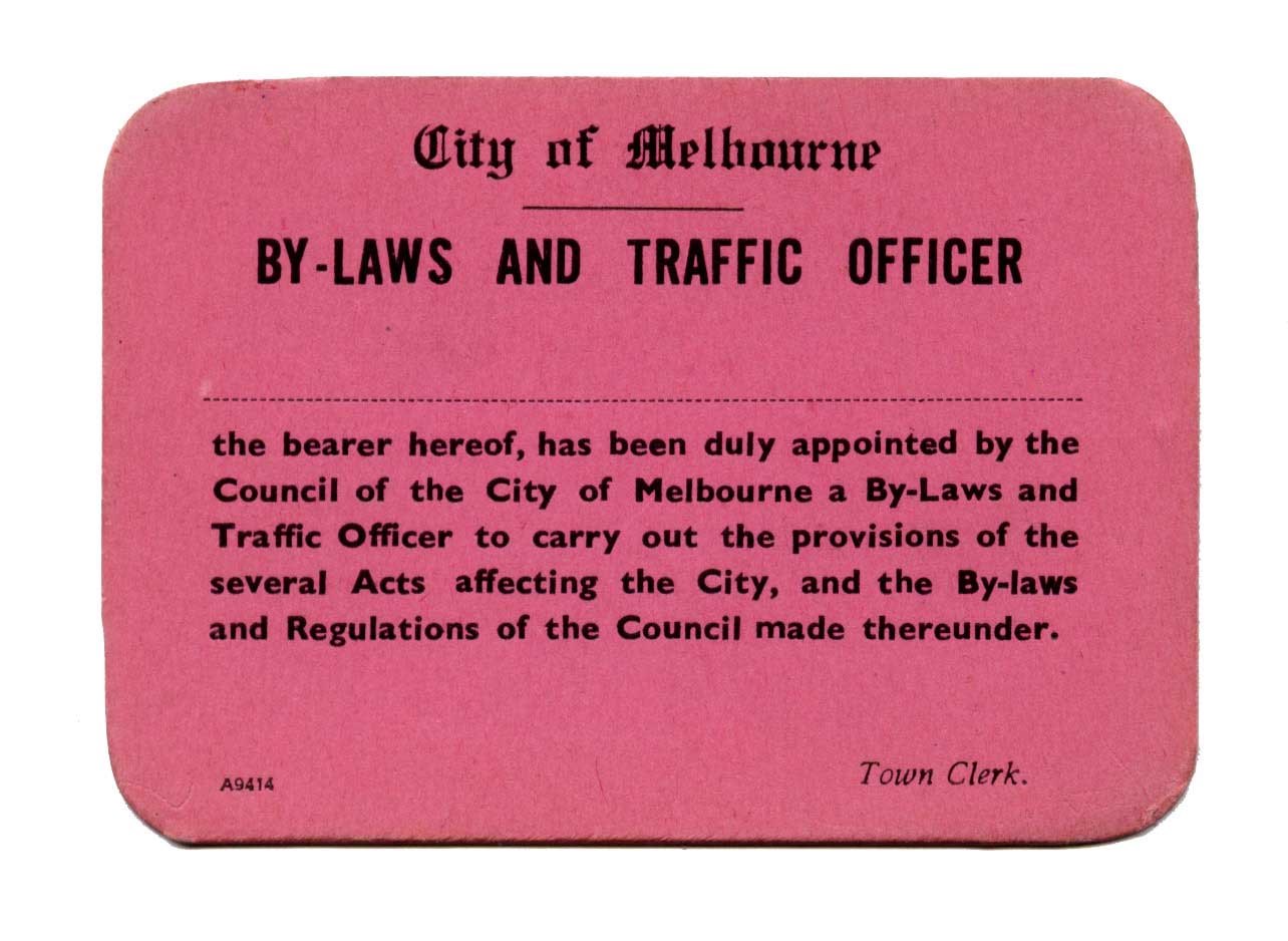 Identification card, City of Melbourne By-Laws and Traffic Officer ...
