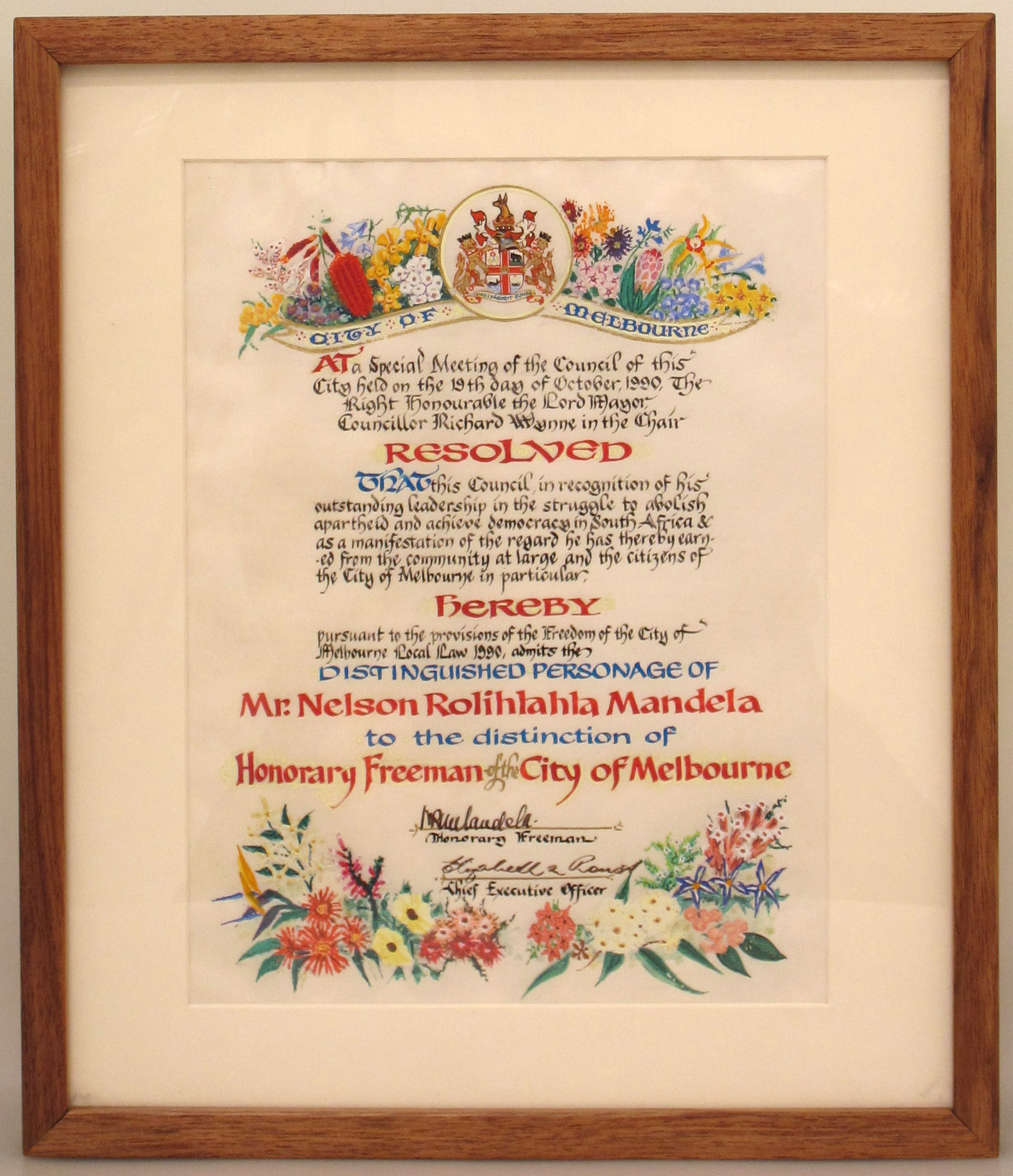 Nelson Mandela, Honorary Freeman certificate - City Collection