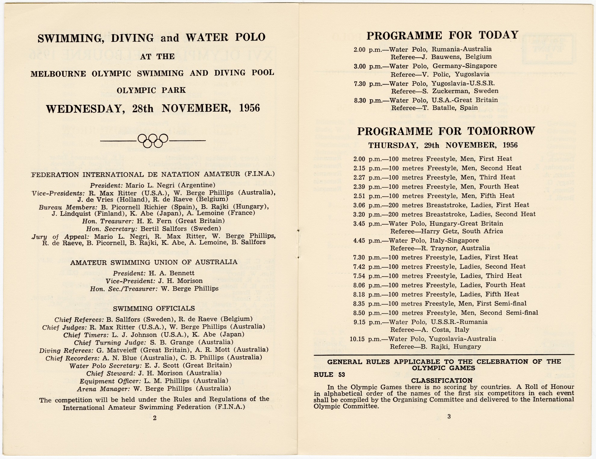 Swimming program for the 1956 Olympic Games - City Collection Swimming program for the 1956 Olympic Games - City Collection