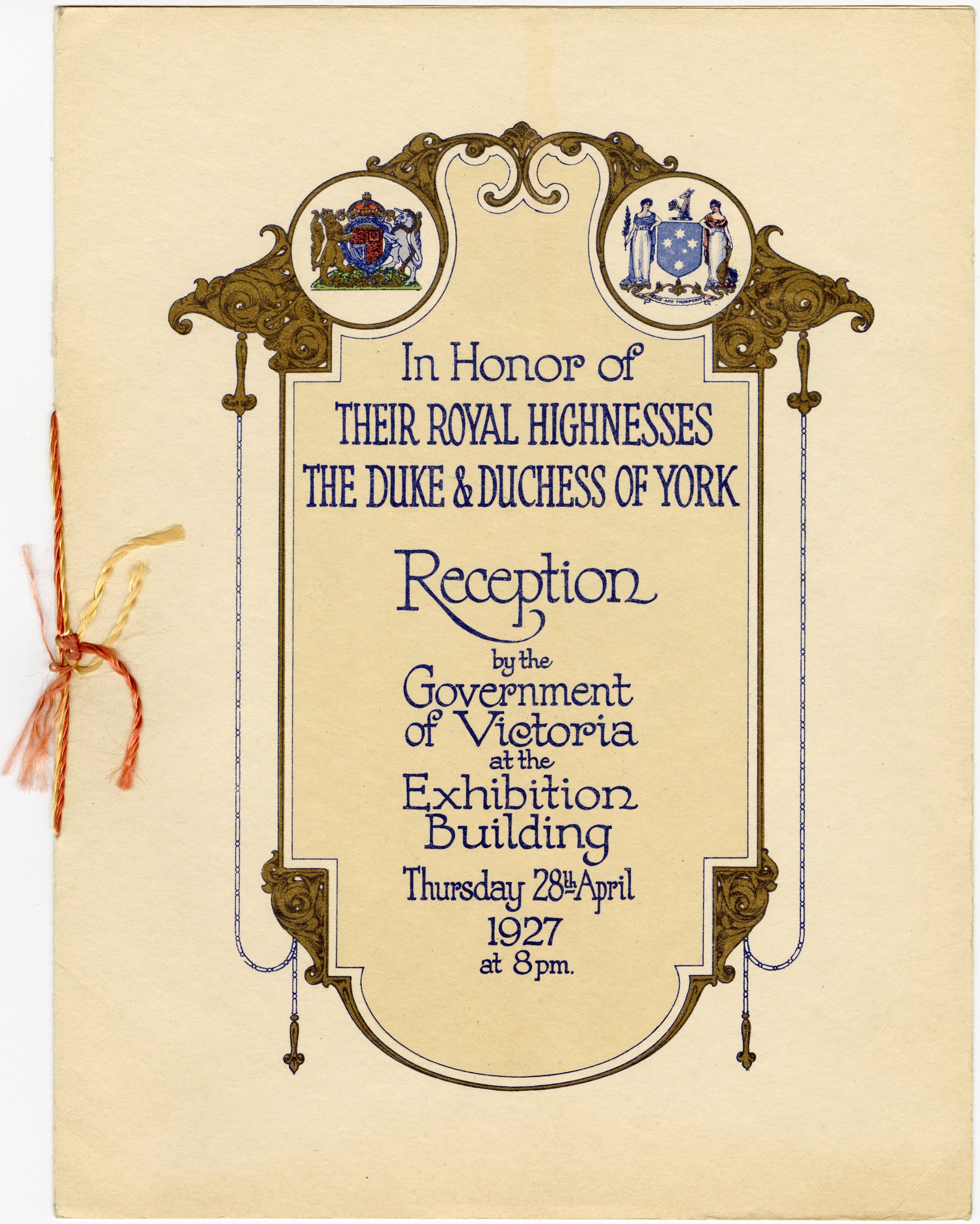 Programme for the reception of the Duke and Duchess of York by the ...