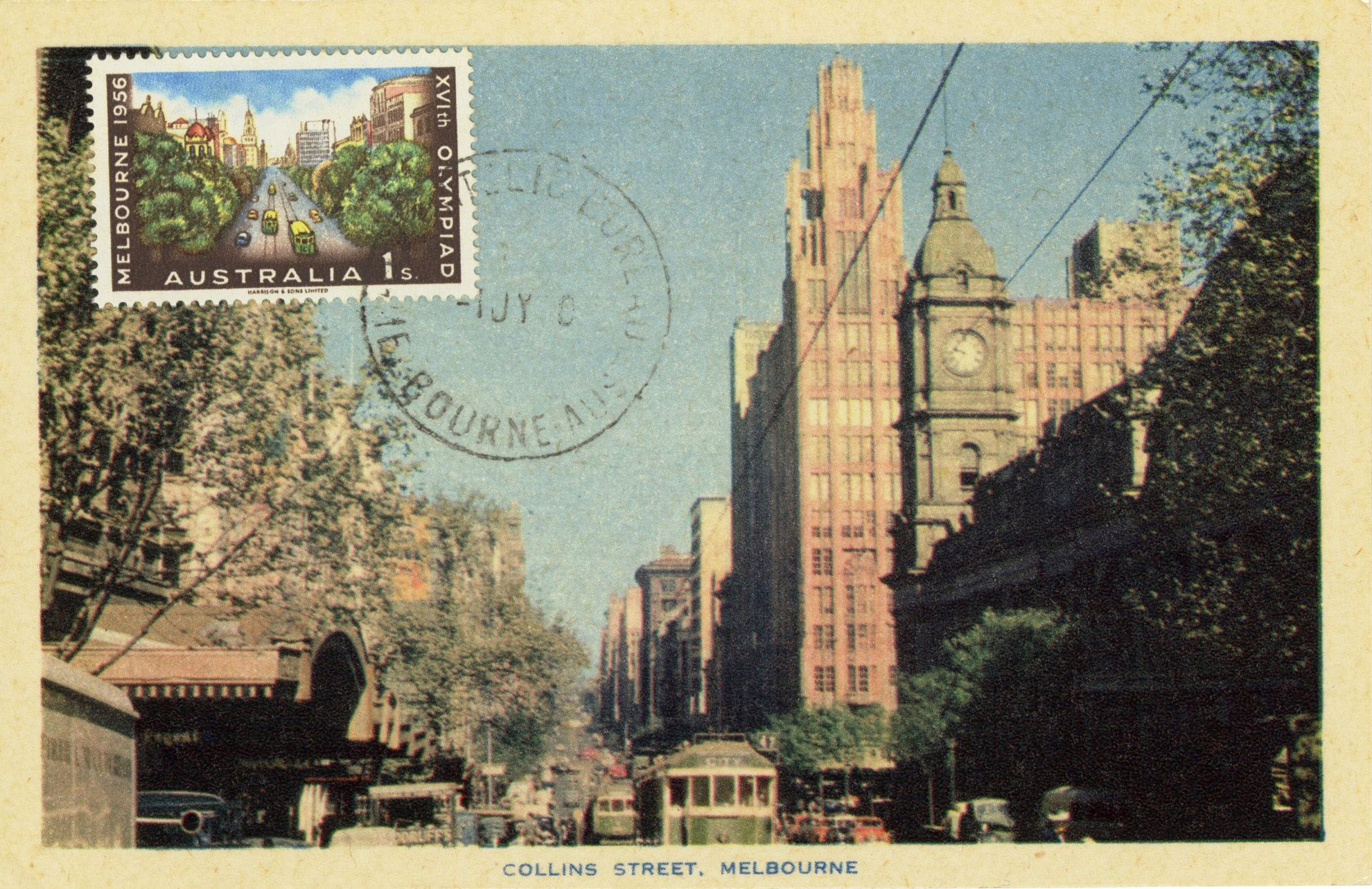 Melbourne Postcard with a 1956 Olympics Stamp - City Collection